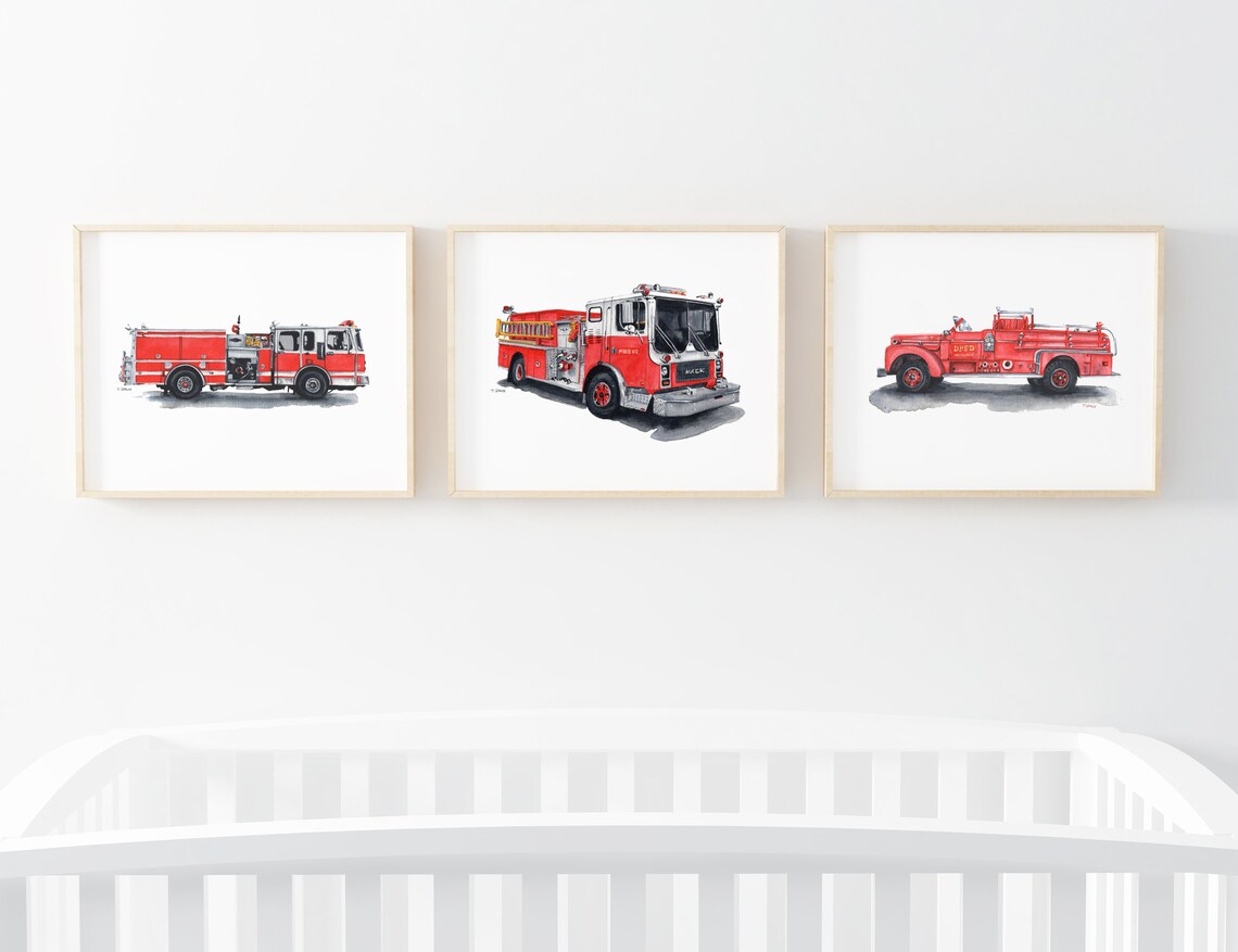 Printable Firetruck Watercolor Set, Fire Engine Poster, Fire and Rescue ...