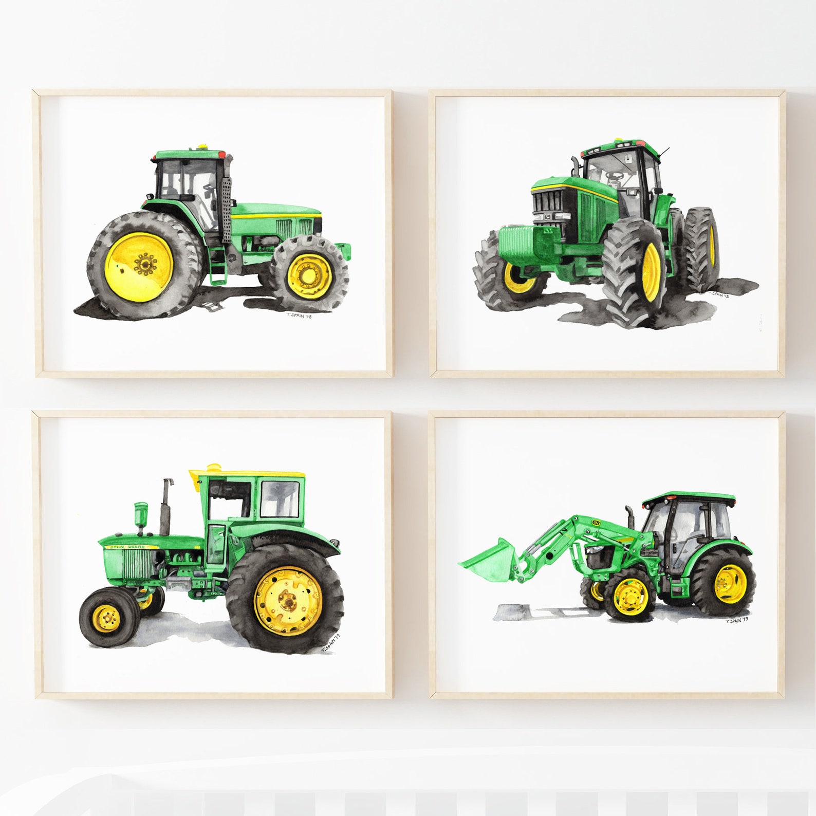 Printable Green Tractor Gallery Wall, Watercolor Digital Prints ...
