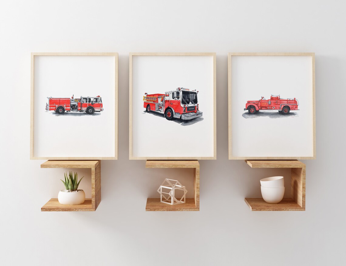 Printable Firetruck Watercolor Set, Fire Engine Poster, Fire and Rescue ...
