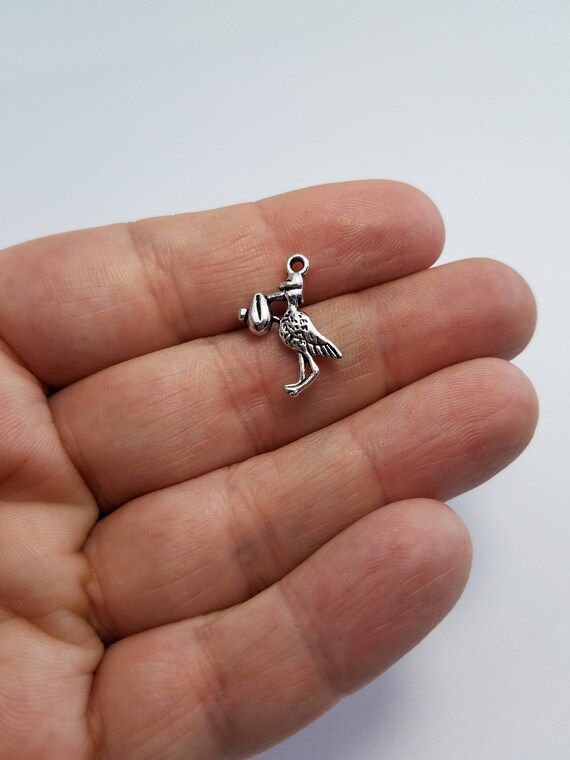 Silver Stork Charms 6 Silver Stork With a Baby Charms Stork | Etsy