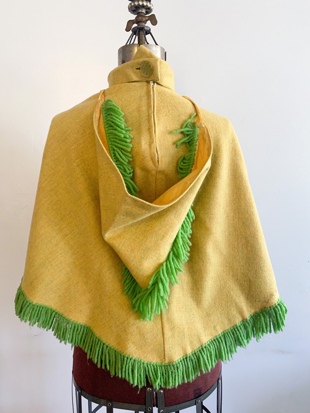 1960s Yellow Wool With Green Threading Throughout and Fringe With ...