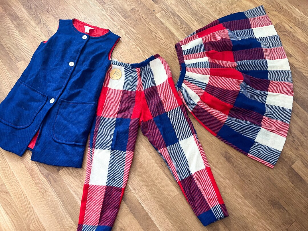 1960s Red White and Blue Plaid 3 Pc Set Pants Skirt and Tunic Deadstock ...