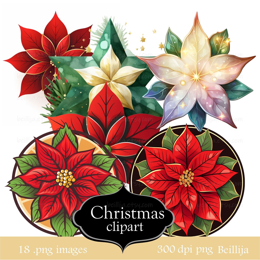 Watercolor Poinsettia Clipart, Christmas Star, Green Forest, Red Green ...