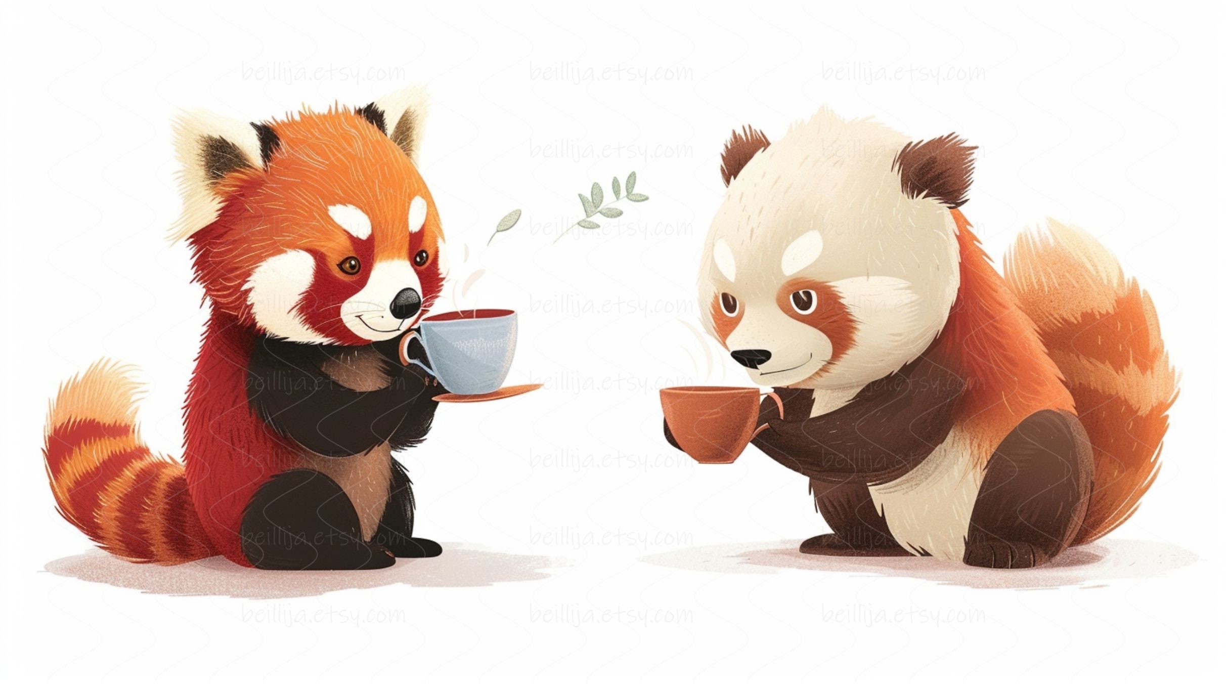 10 Watercolor Red Panda Clipart, 2 Animals Drinking Tea Cute Animal ...