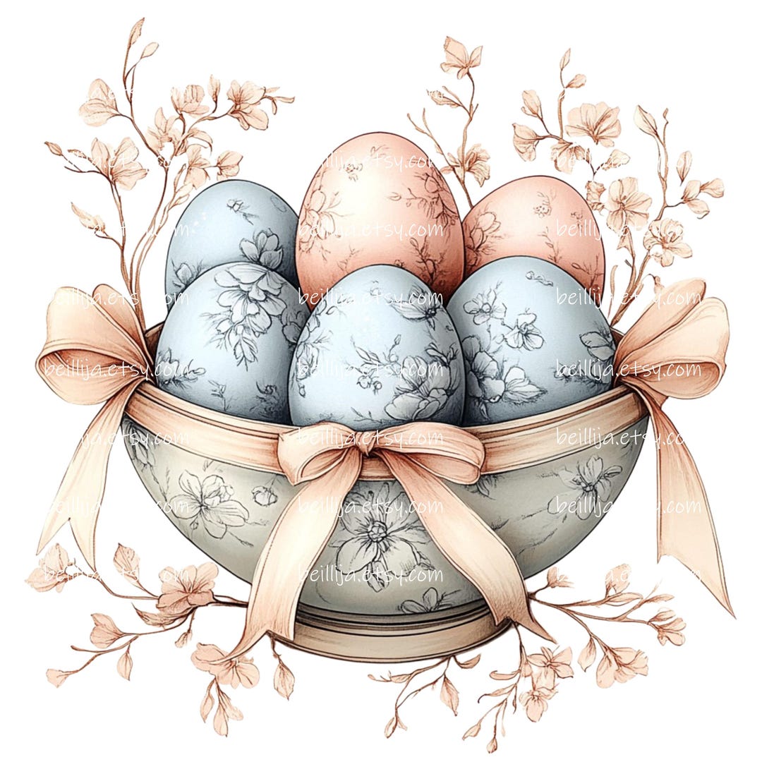 18 Pastel Pink Easter Eggs Clipart, Floral Bowl, Printable Watercolor ...