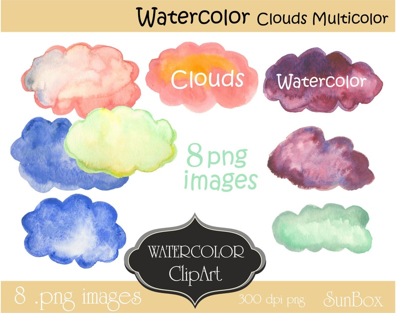 Watercolor Clouds Clipart Multicolor Clouds Clip Art Digital - Etsy