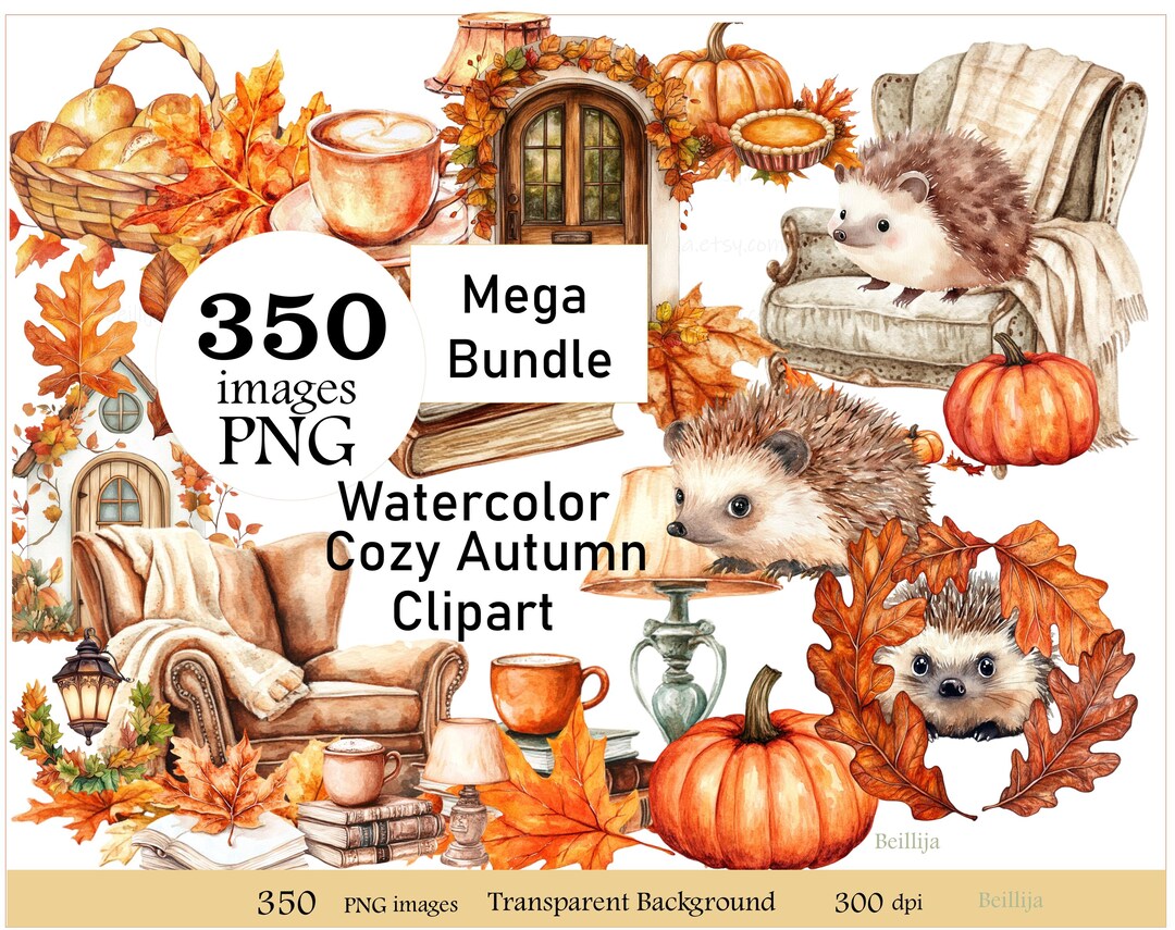 Watercolor Cozy Autumn Clipart, Mega Bundle 350 PNG Transparent ...