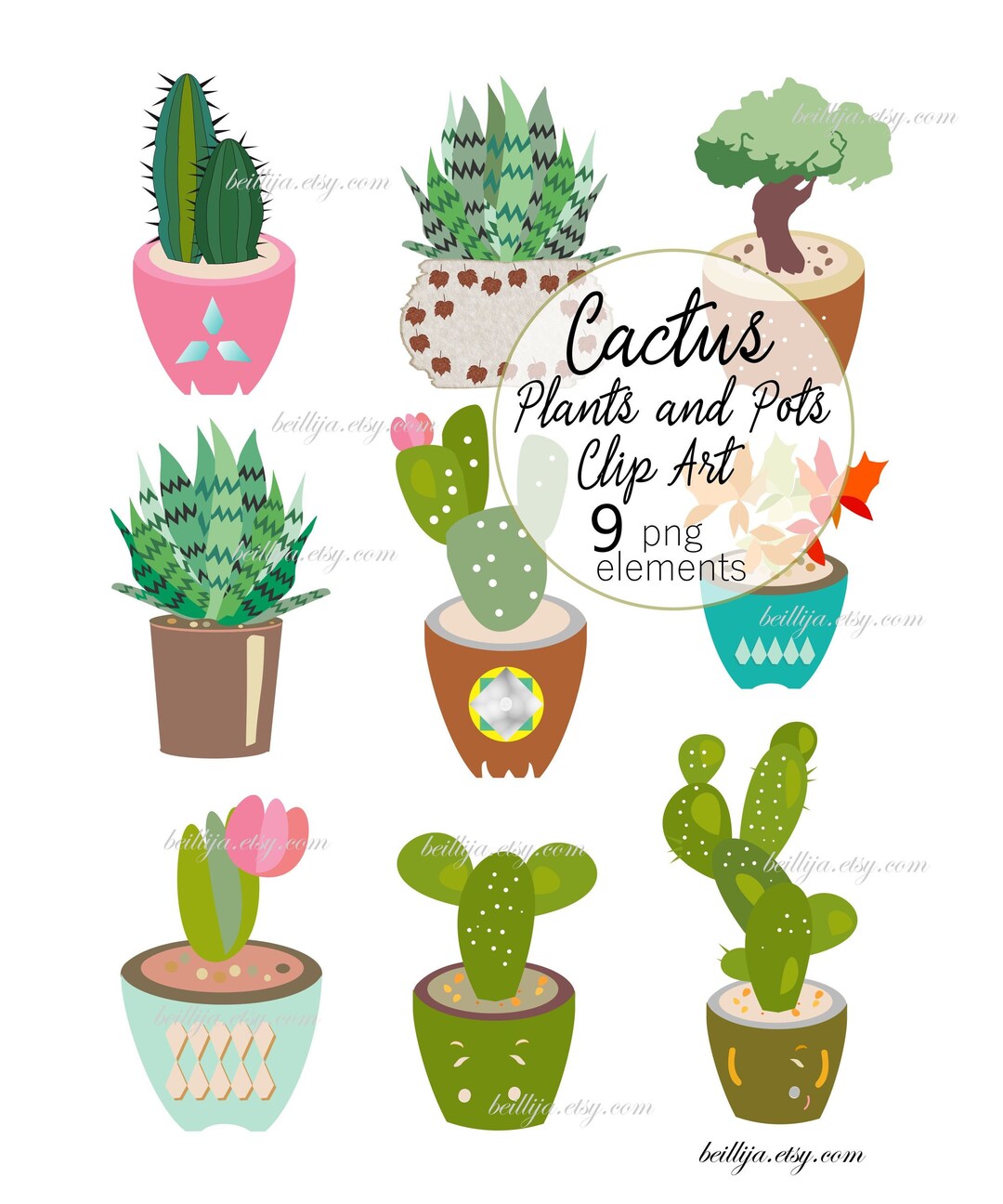 Succulent Clipart House Plants Set of Succulents, Cacti Plants and Pots ...