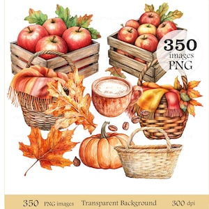 Watercolor Cozy Autumn Clipart, Mega Bundle 350 PNG Transparent ...