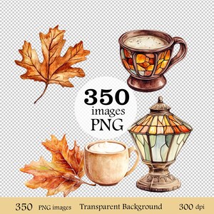 Watercolor Cozy Autumn Clipart, Mega Bundle 350 PNG Transparent ...