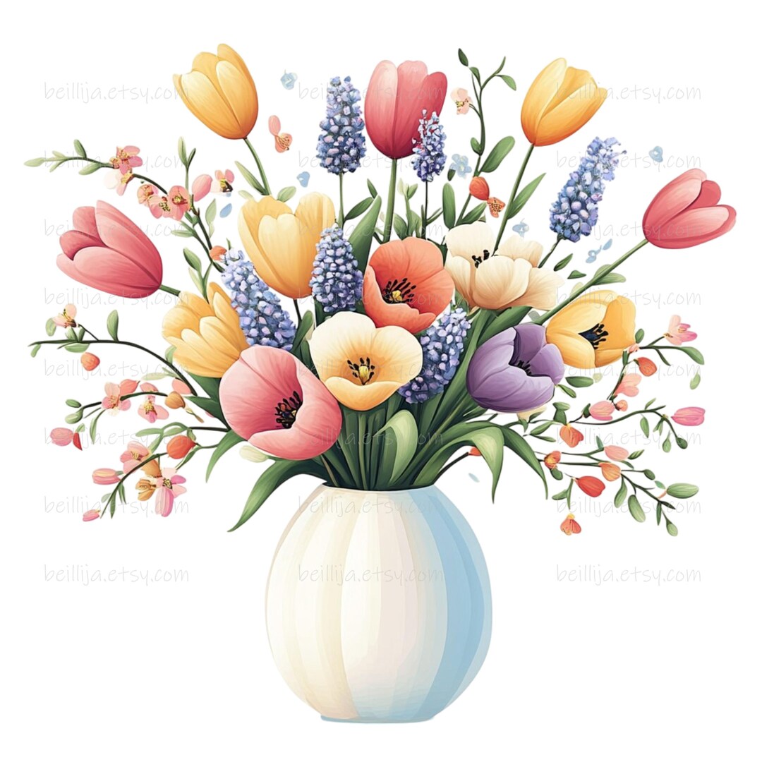 24 Spring Flowers in Vase Clipart, Tulips, Easter Clip Art, Printable ...