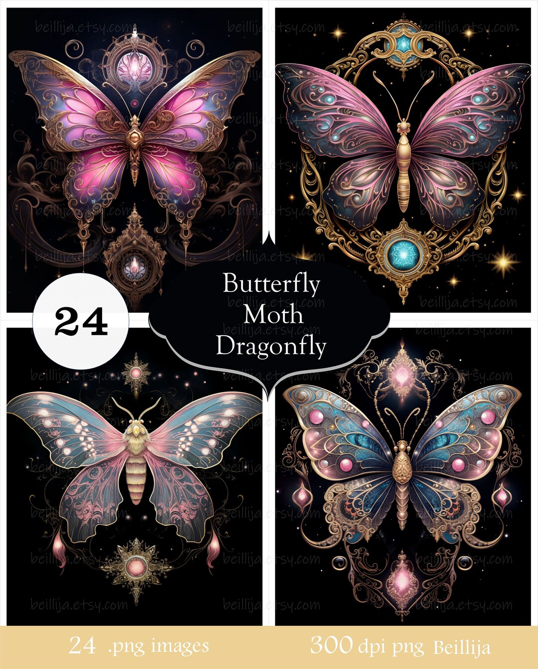 Watercolor Butterfly Moth Dragonfly Moon Background Clipart 24 Images ...
