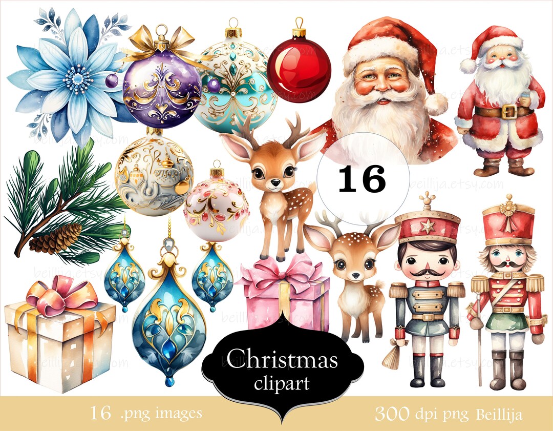 Watercolor Christmas Clipart: Santa, Nutcracker, Reindeer (16 PNG ...