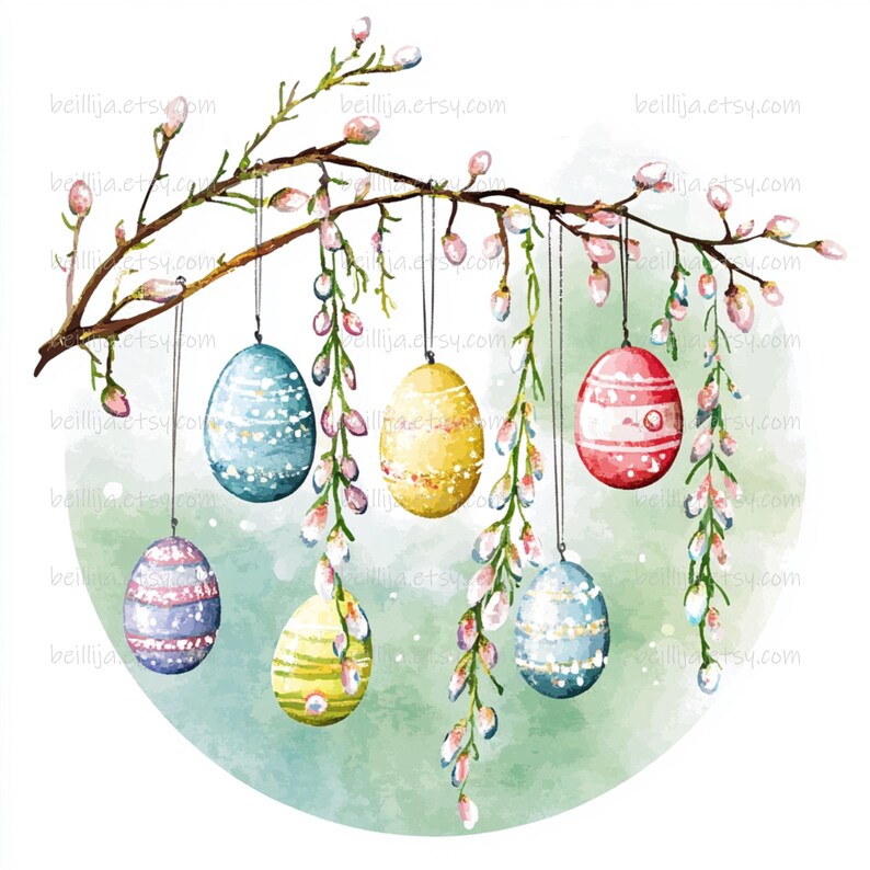 Watercolor Easter Egg Clipart, Willow Branch, Spring Illustrations ...