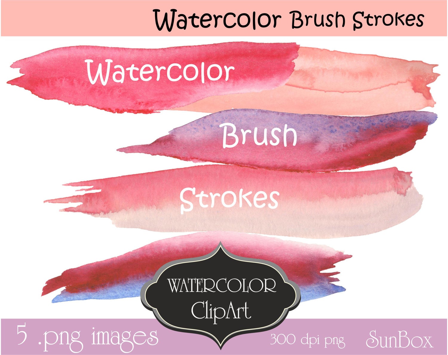 Watercolor Brush Strokes Clipart Hot Pink, Pastel Pink, Purple Clipart ...