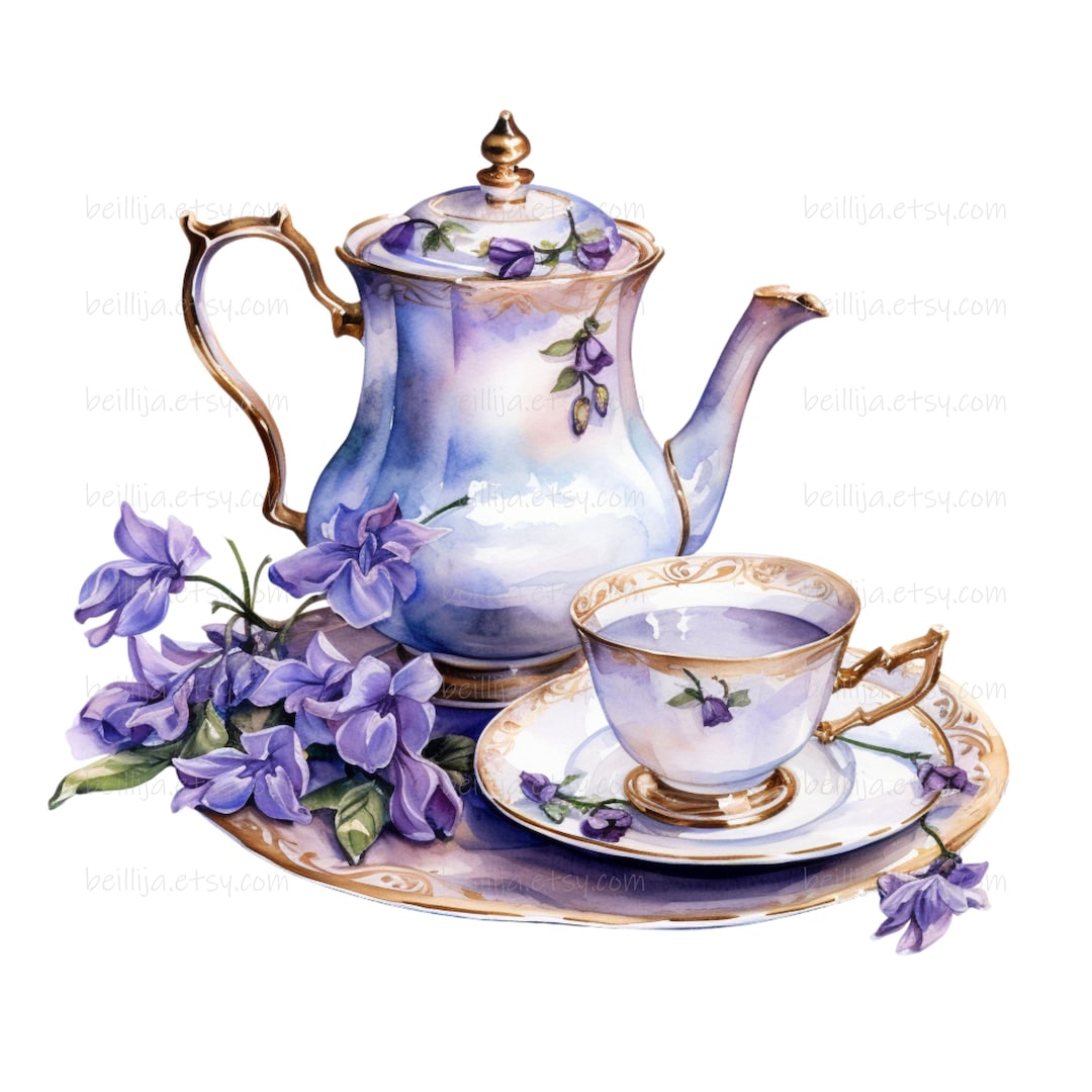 Lavender Tea Set Clipart: Purple Flowers, Porcelain Pot (digital ...