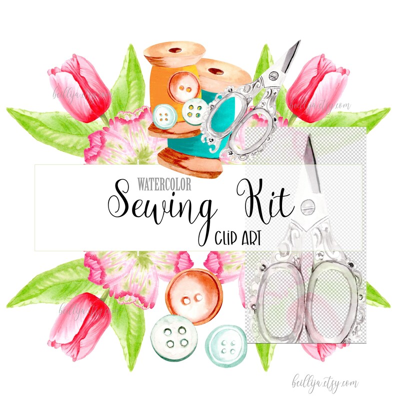 Sewing Kit Clipart, Watercolor Pink Sewing Machine, Antique Scissors ...