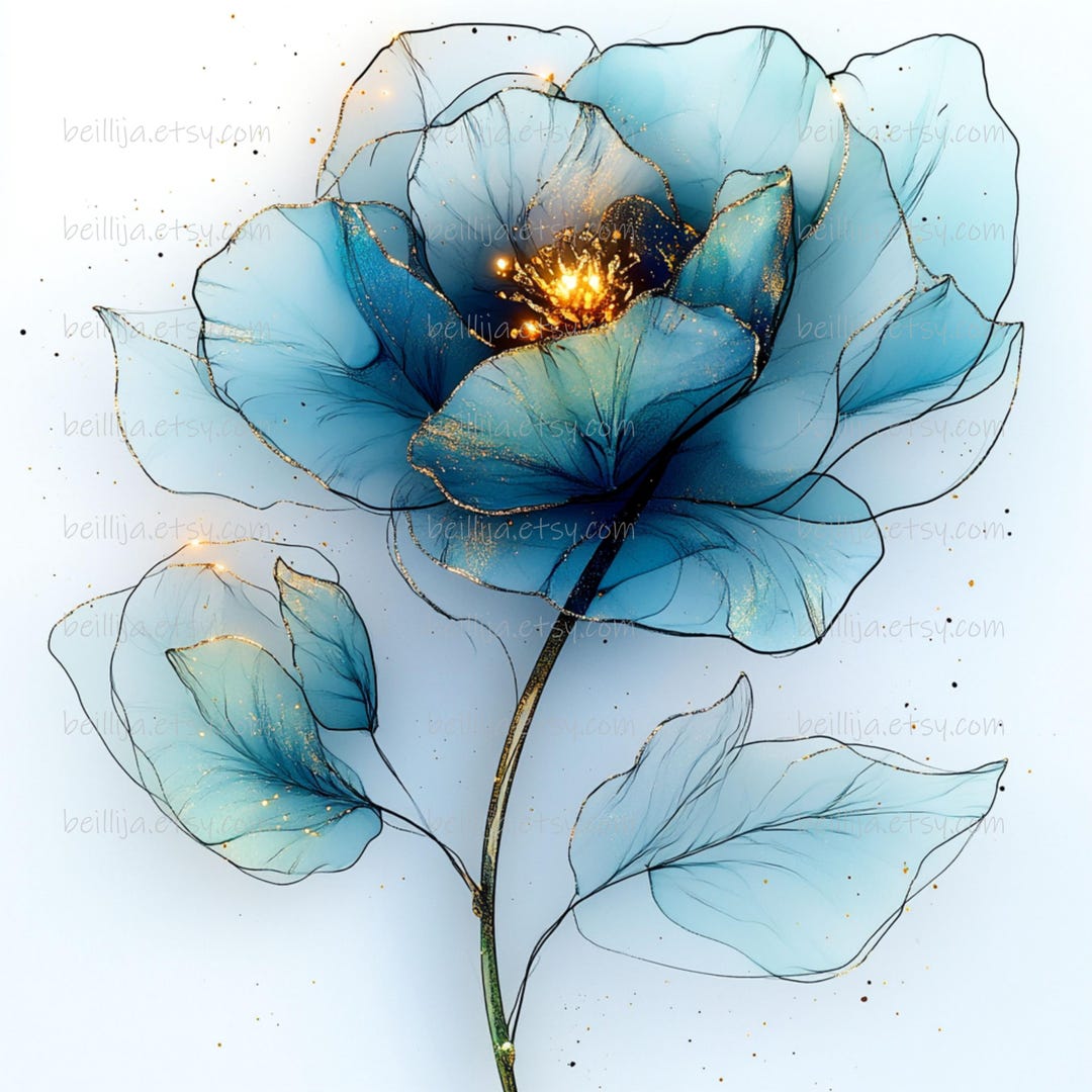 14 Watercolor Flower Clipart Blue Gold Flowers JPG Images, Floral Art ...
