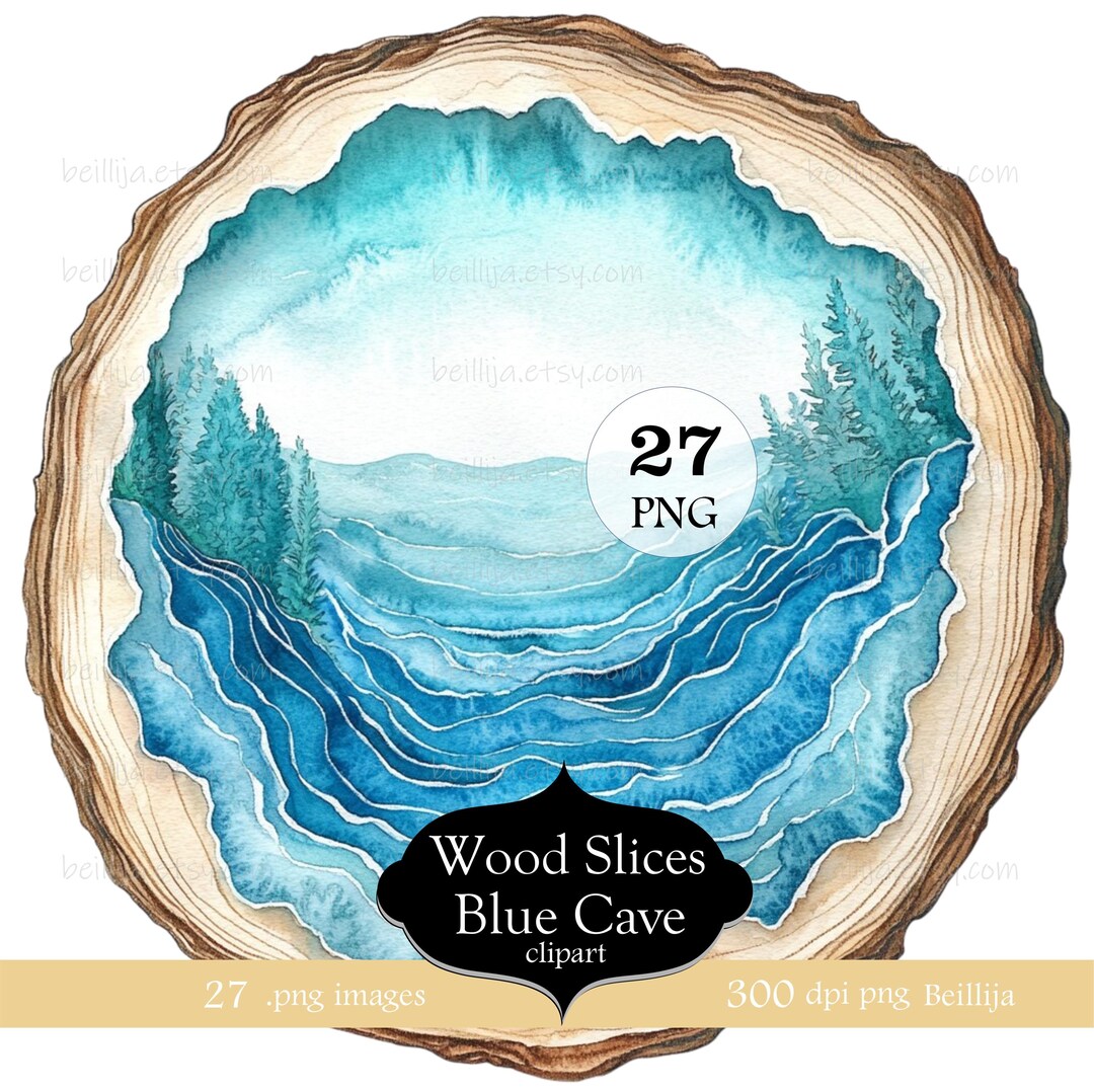 Blue Grotto Cave Watercolor Clipart: Mediterranean Wood Slices (digital Download Pngs 14"x14 ...