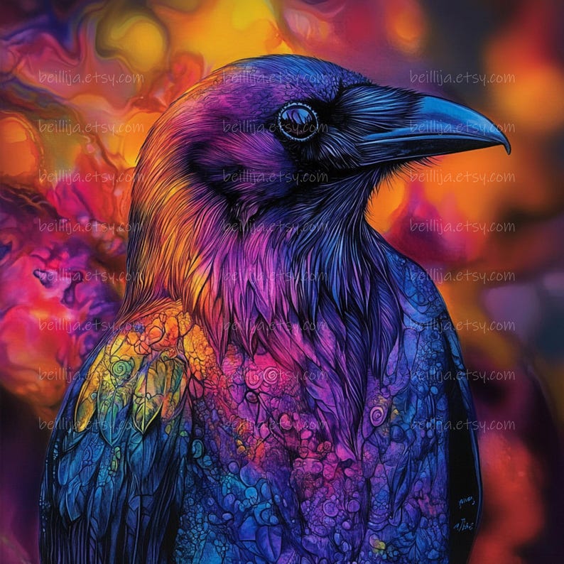 Watercolor Raven Clipart: Black Purple Gothic Bird (PNG & JPG Digital ...