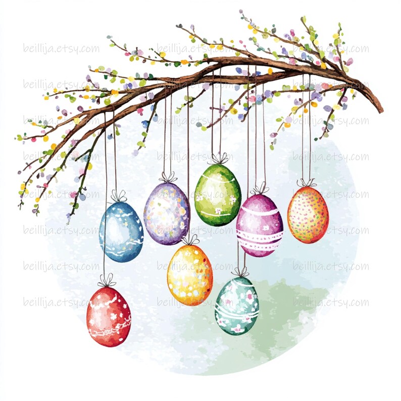 Watercolor Easter Egg Clipart, Willow Branch, Spring Illustrations ...