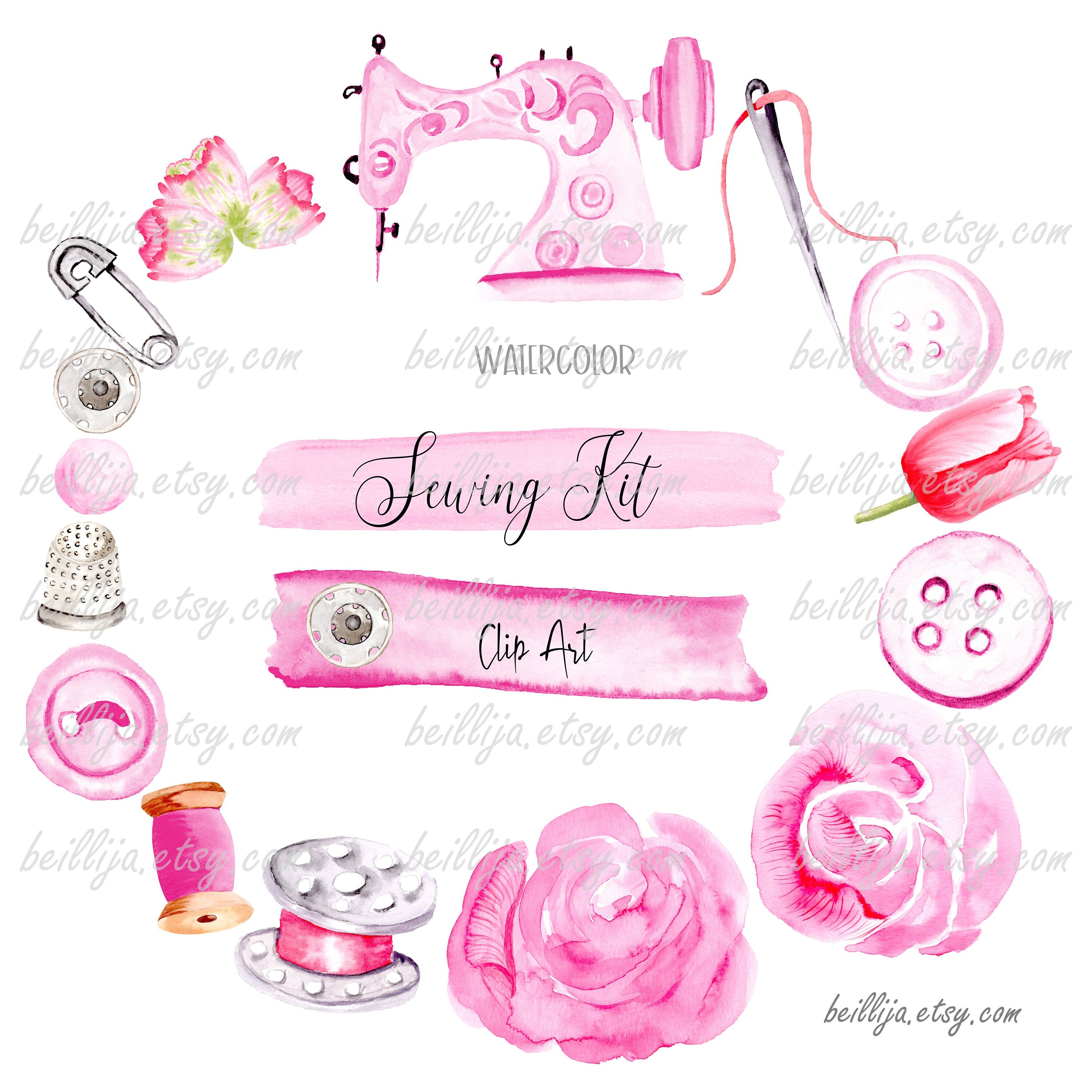 Sewing Kit Clipart, Watercolor Pink Sewing Machine, Antique Scissors ...