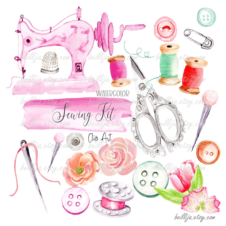 Sewing Kit Clipart, Watercolor Pink Sewing Machine, Antique Scissors ...