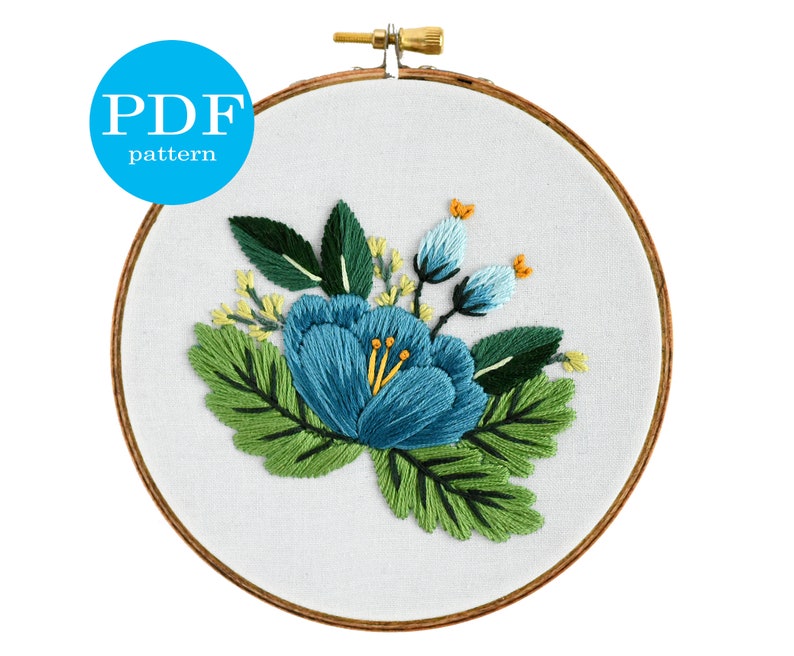 Blue Floral Embroidery Pattern. Beginner Embroidery. PDF | Etsy