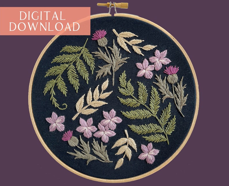 Moody Ferns and Thistles Embroidery Pattern. Beginner Embroidery. PDF ...