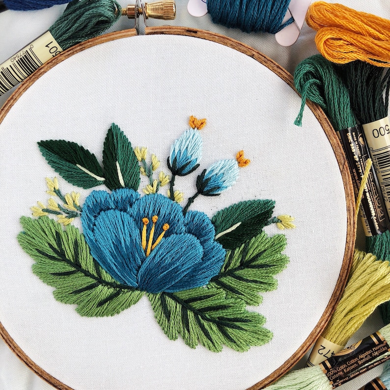 Blue Floral Embroidery Pattern. Beginner Embroidery. PDF | Etsy