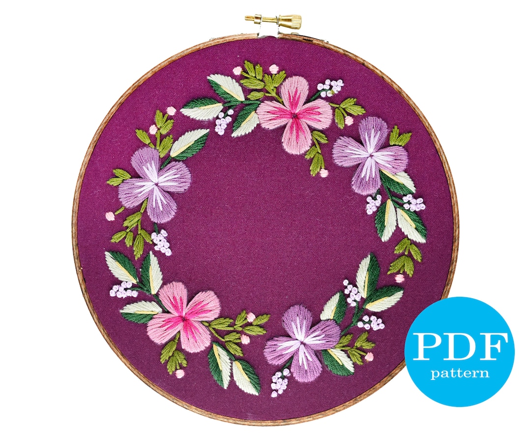 Purple Floral Wreath Embroidery Pattern. Beginner Embroidery. PDF ...