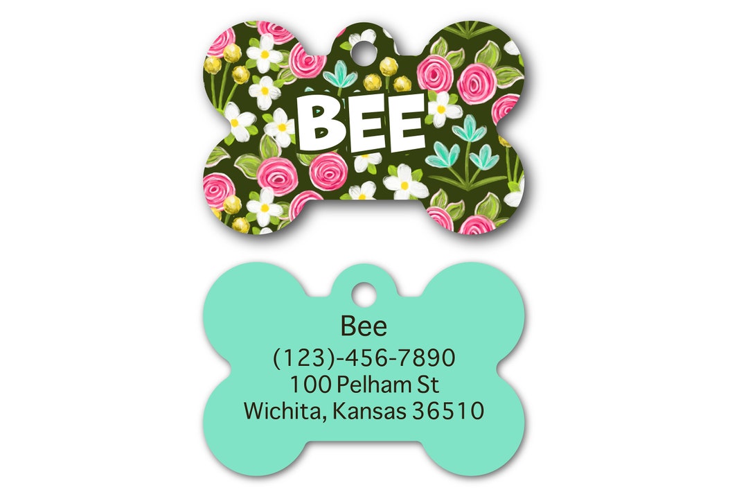 Floral Pet I.D. Tag Olive Green and Pink Flowers Identification Tag ...