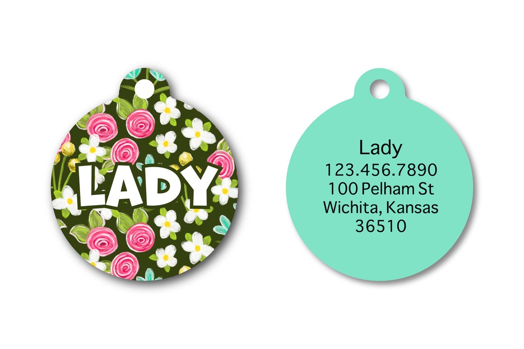 Floral Pet I.D. Tag Olive Green and Pink Flowers Identification Tag ...