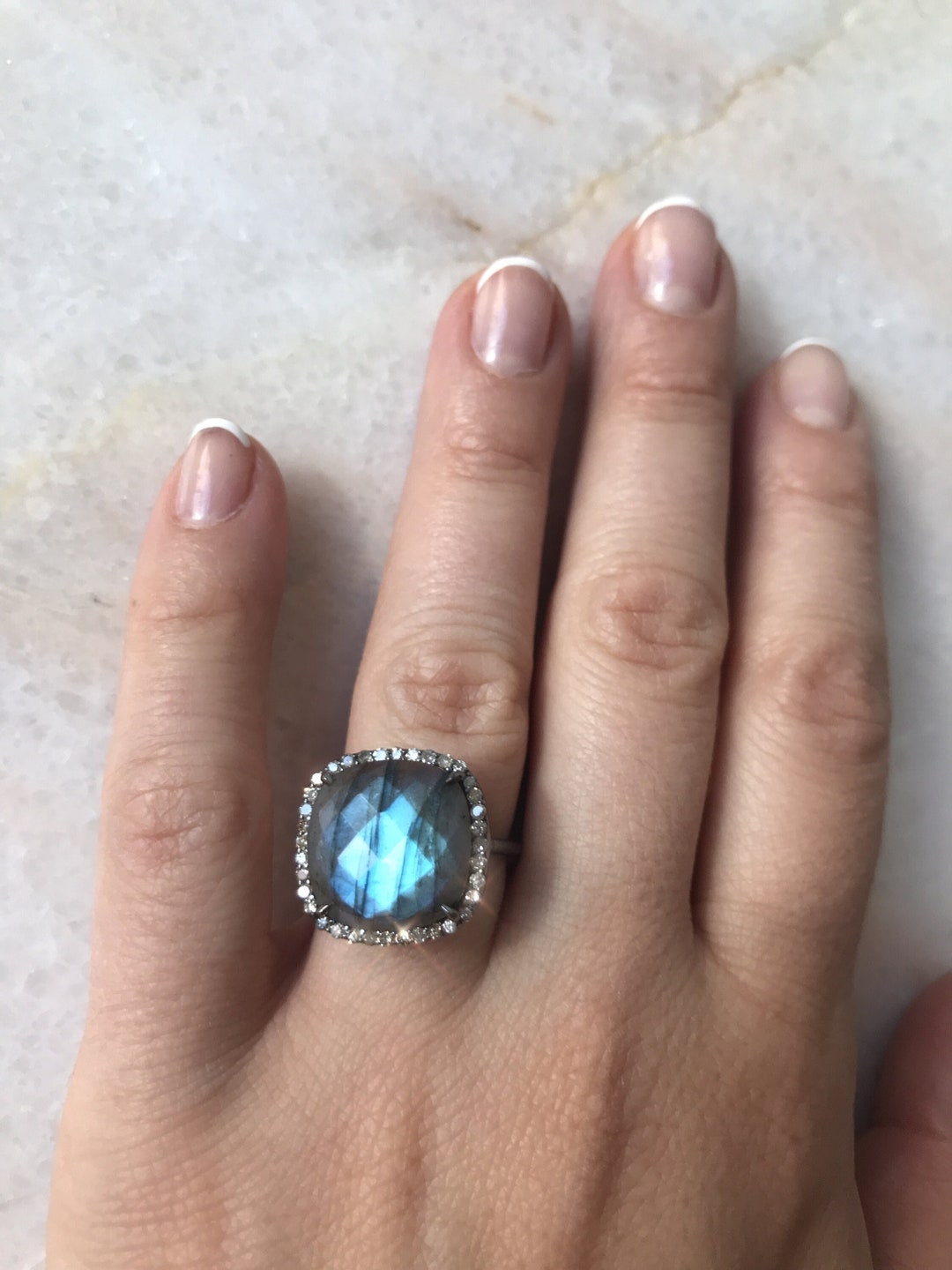 Labradorite Ring Cushion Cut Ring Labradorite Diamond Ring Halo Ring ...