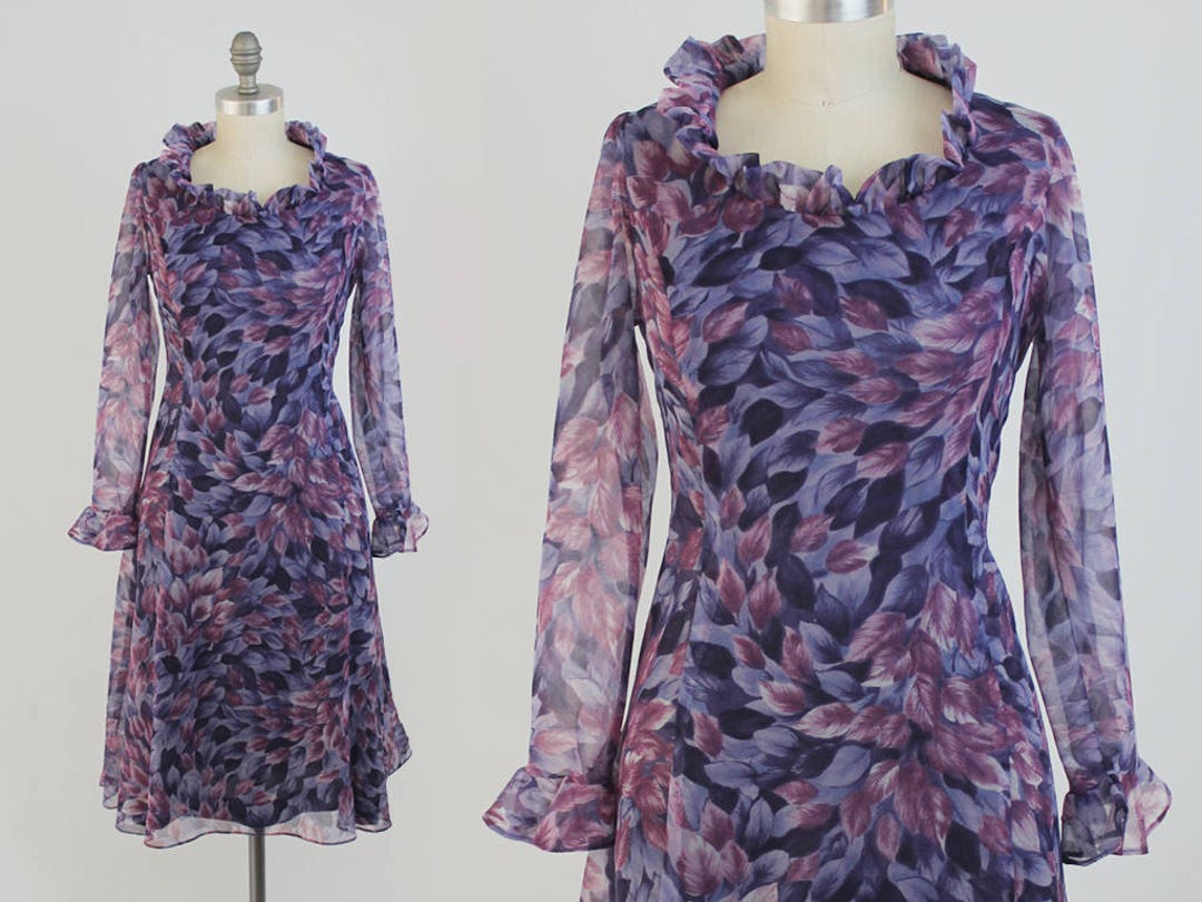 Vintage 70s Sheer Purple Dress - Long Sleeve Ruffle Neck Floral ...