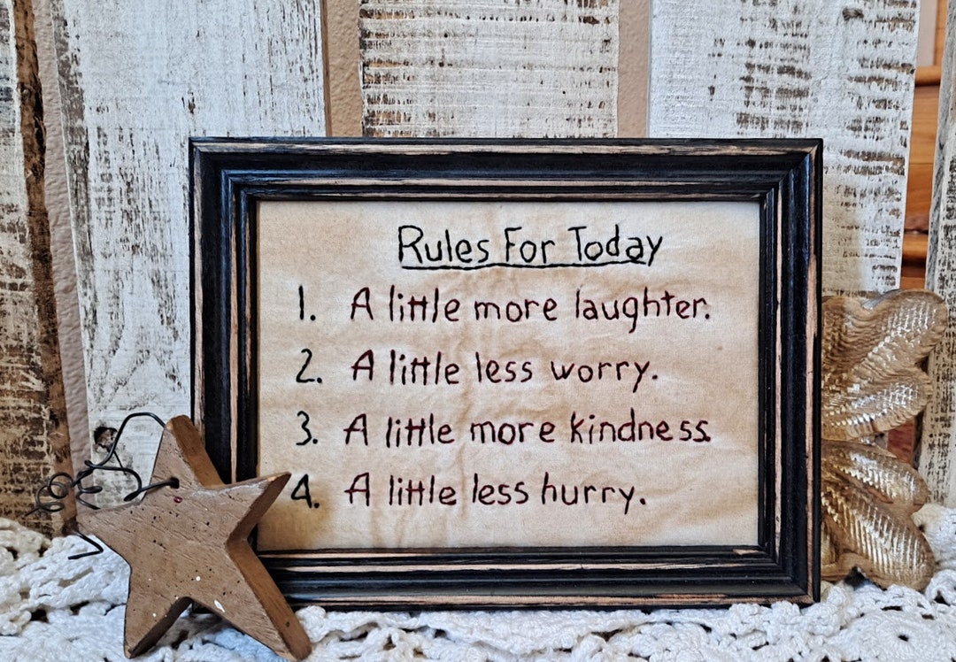 Primitive Stitchery, Rules for Today, Handmade Embroidery, Housewarming ...