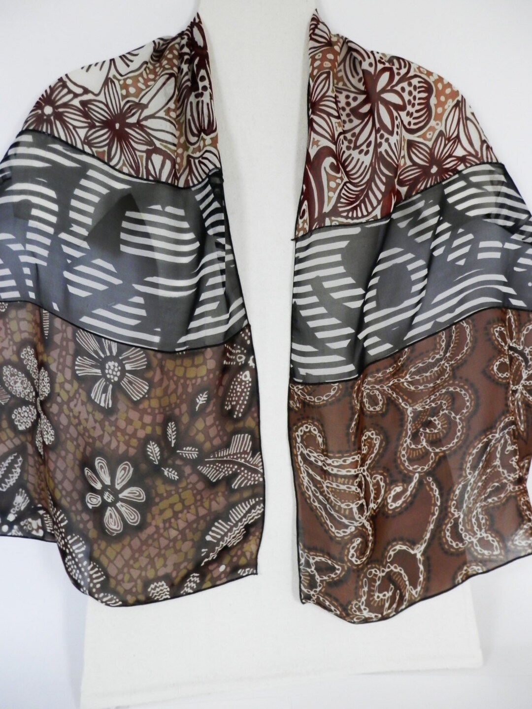 Silk Chiffon Oblong Scarf Hand Painted 54 X 14 in Brown , Camel and ...