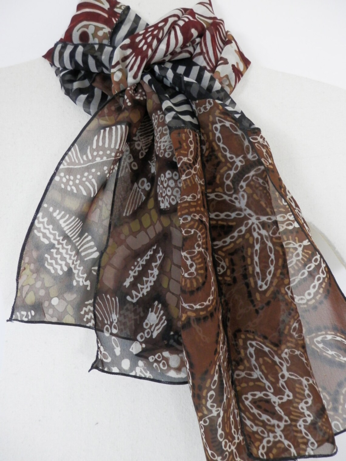 Silk Chiffon Oblong Scarf Hand Painted 54 X 14 in Brown , Camel and ...