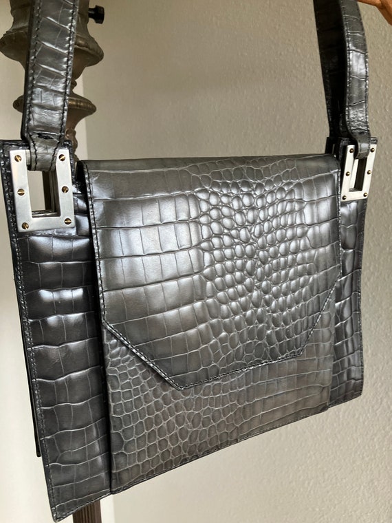 Vicenza Gray Crocodile Embossed Leather Shoulder Bag - Gem