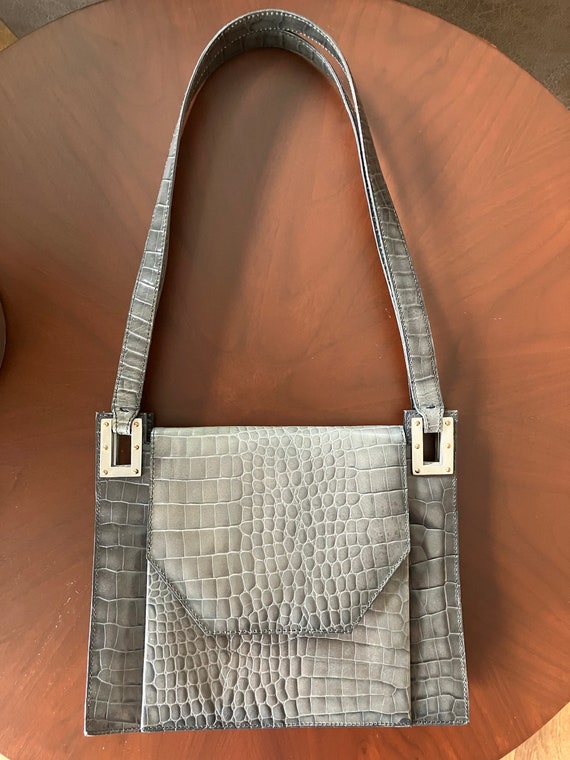 Vicenza Gray Crocodile Embossed Leather Shoulder Bag - Gem