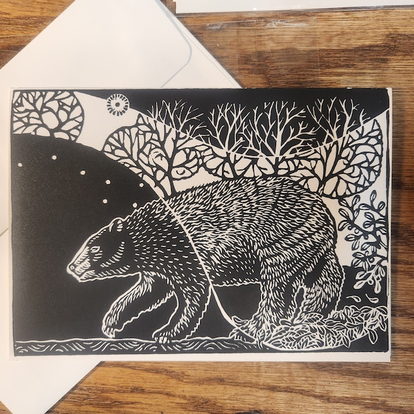 Linocut Bear - Etsy