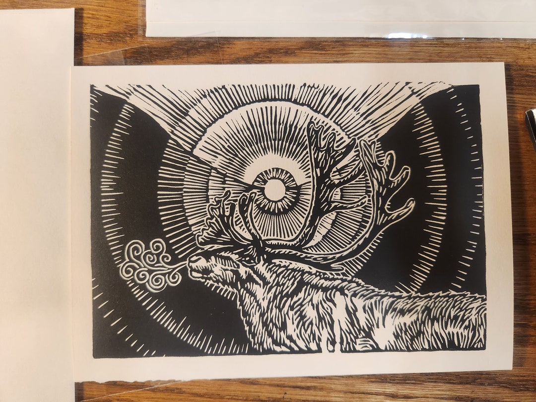 Solstice Caribou, Handprinted Linocut Card, © 2021 Patrick Norton - Etsy