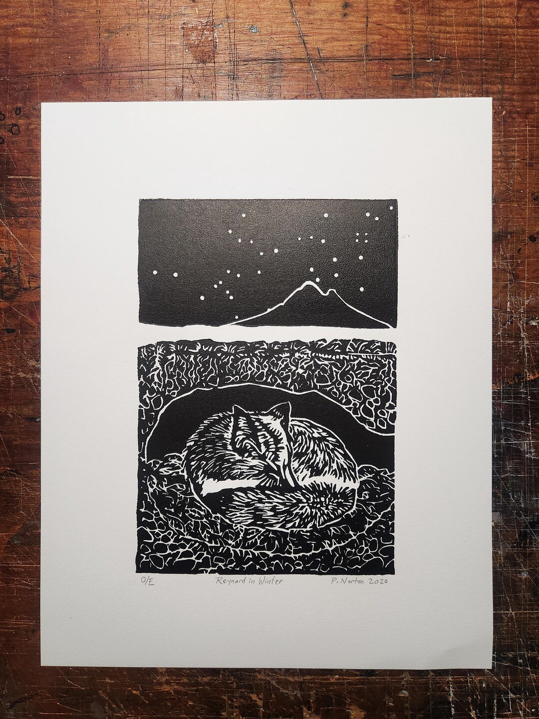 Reynard in Winter, Solstice Fox, Handprinted Linocut Print, © 2023 ...