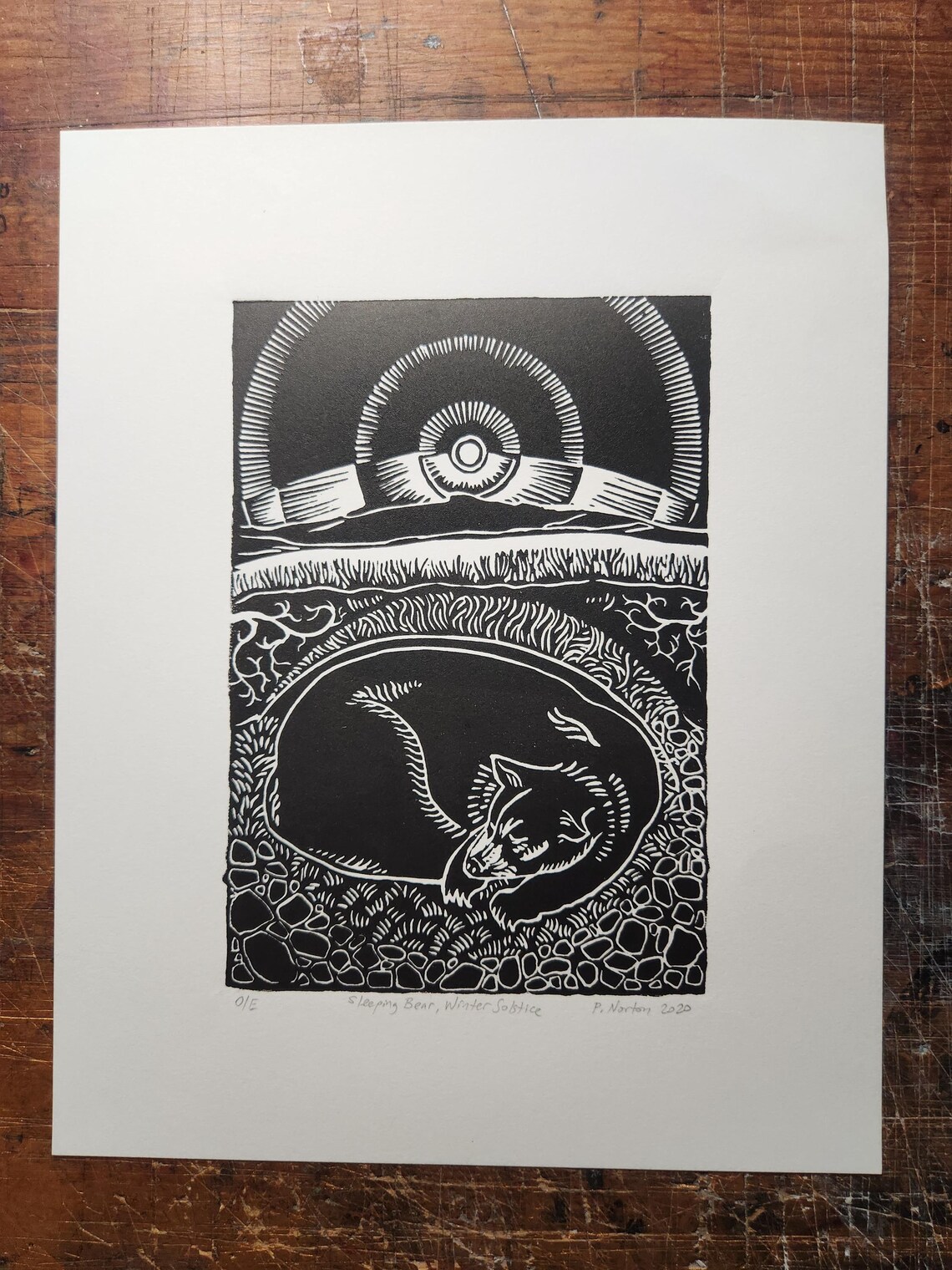 Solstice Bear, Winter Solstice Handprinted Linocut Print, © 2019 ...