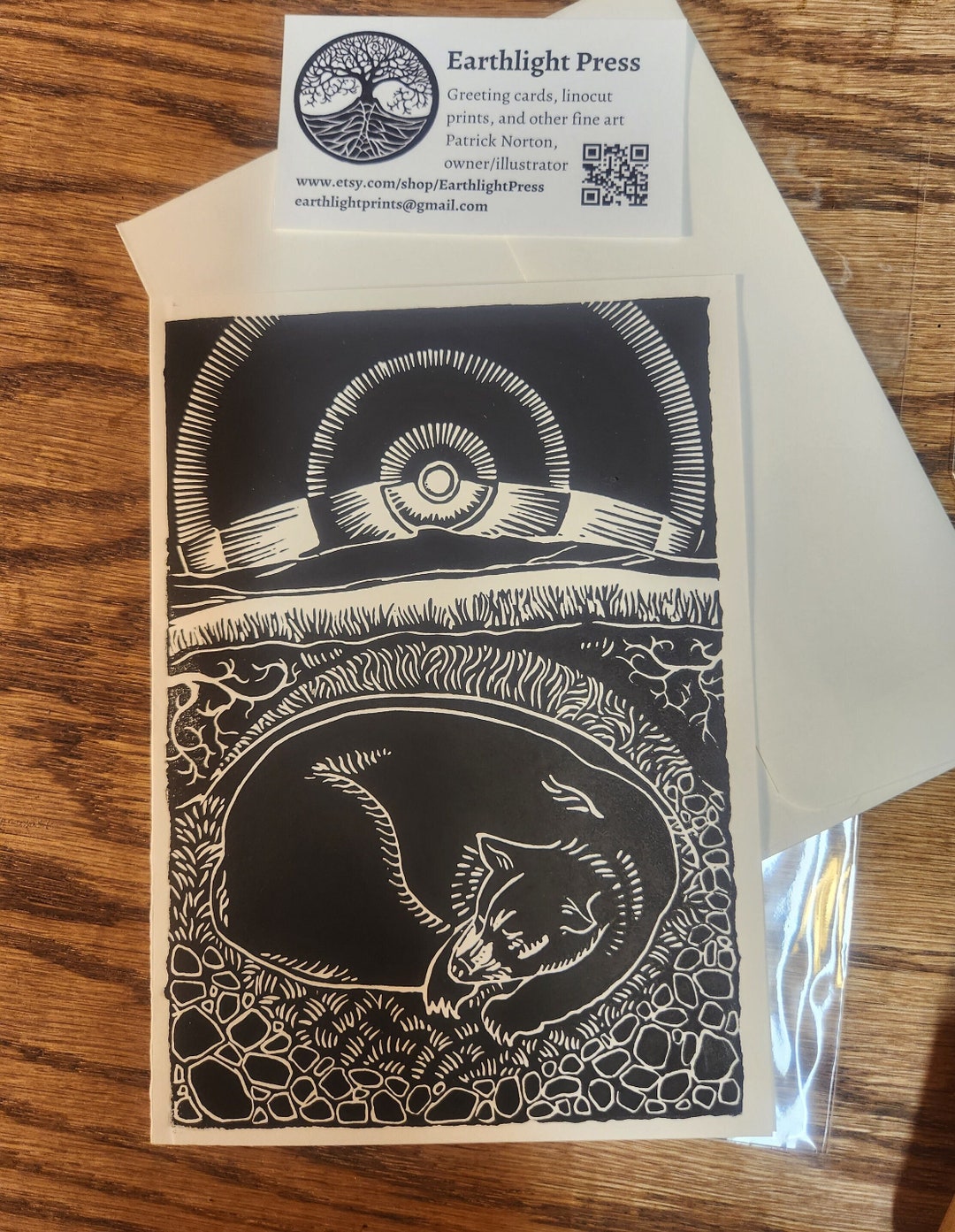 Solstice Bear, Handprinted Linocut Card, © 2019 Patrick Norton - Etsy