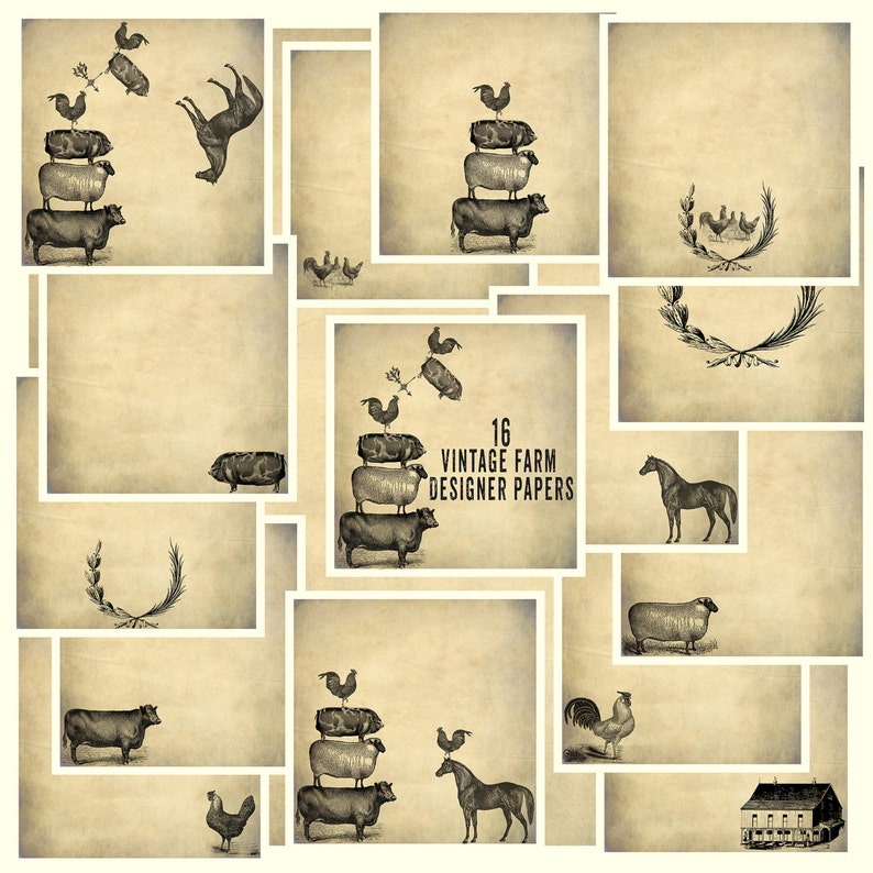 Vintage Farm Background Papers Collection - 16 Digital Backgrounds ...