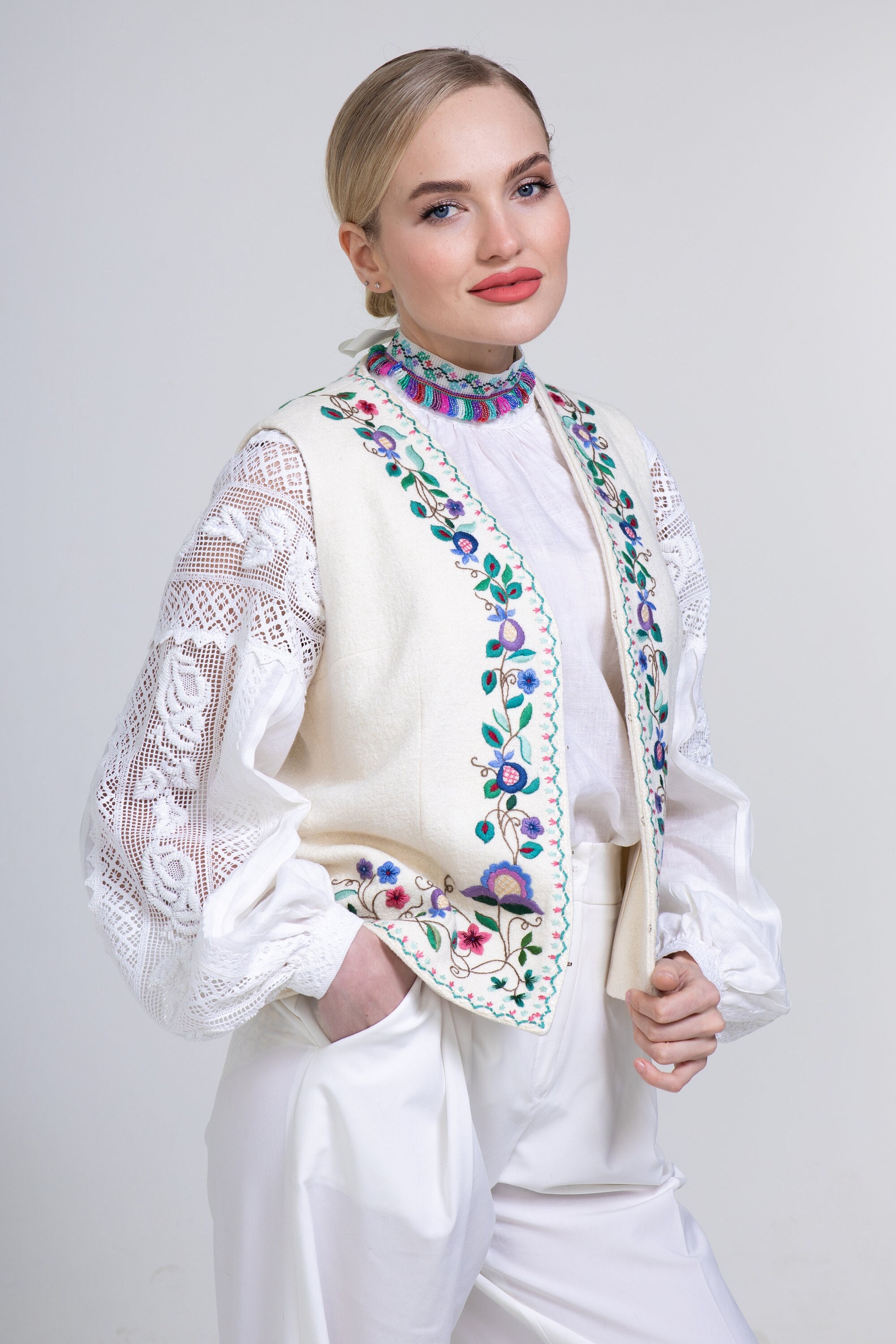 White Vest, Embroidered Vest, Handmade Vest, Black Short Vest, Wool ...