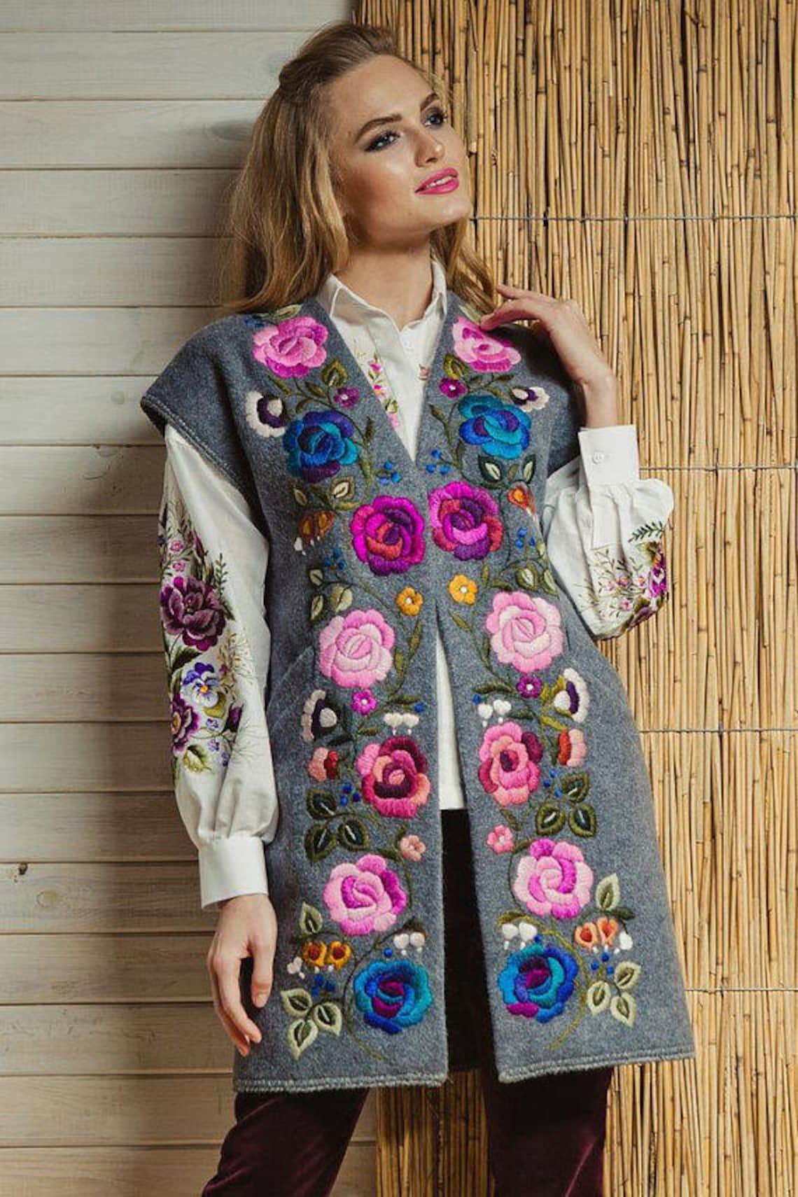 Embroidered Vest Embroidered Waistcoat Gray Vest Wool Vest | Etsy