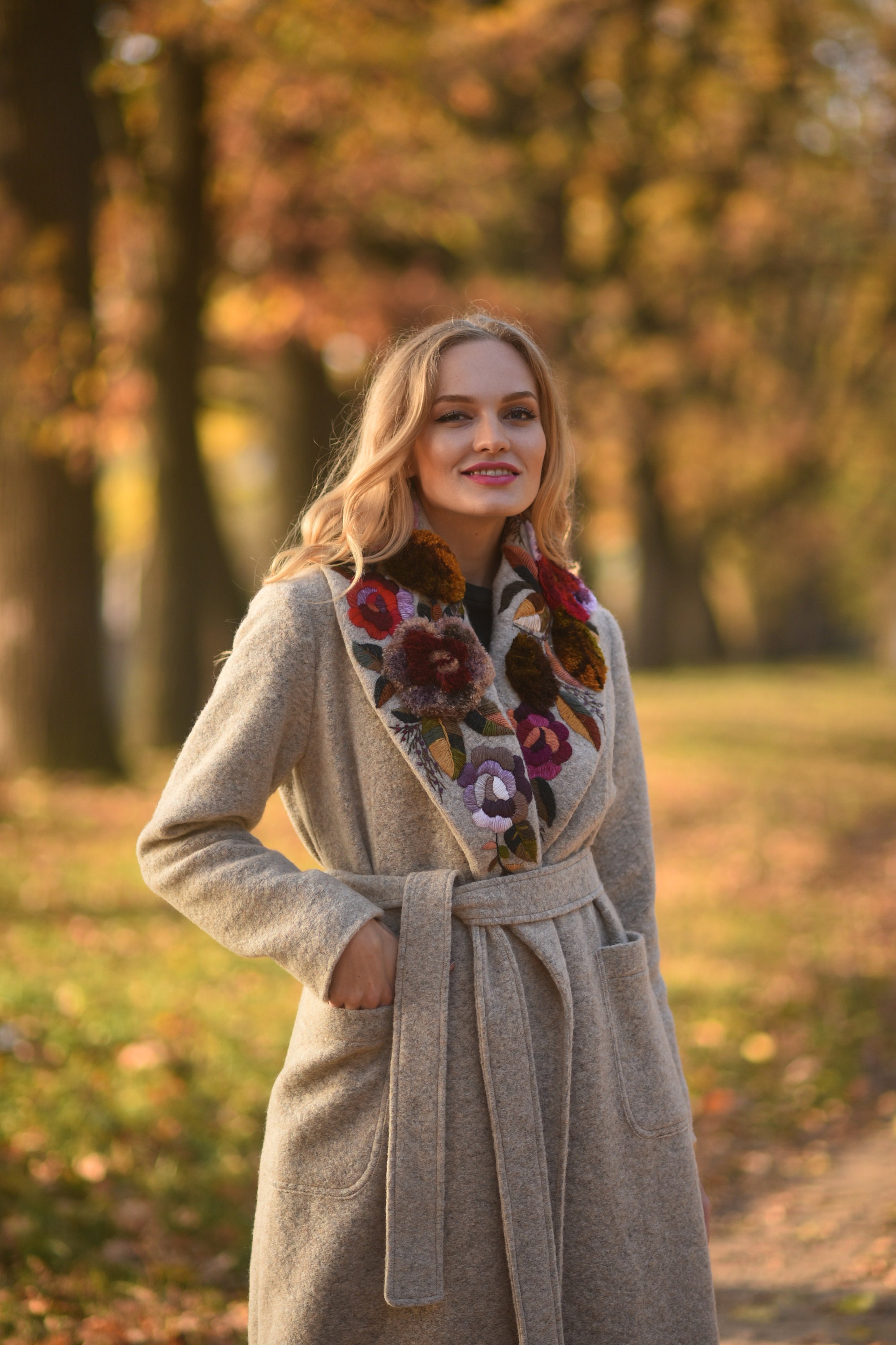 Autumn Coat Embroidered Coat Long Wool Coat Warm Coat Beige - Etsy UK