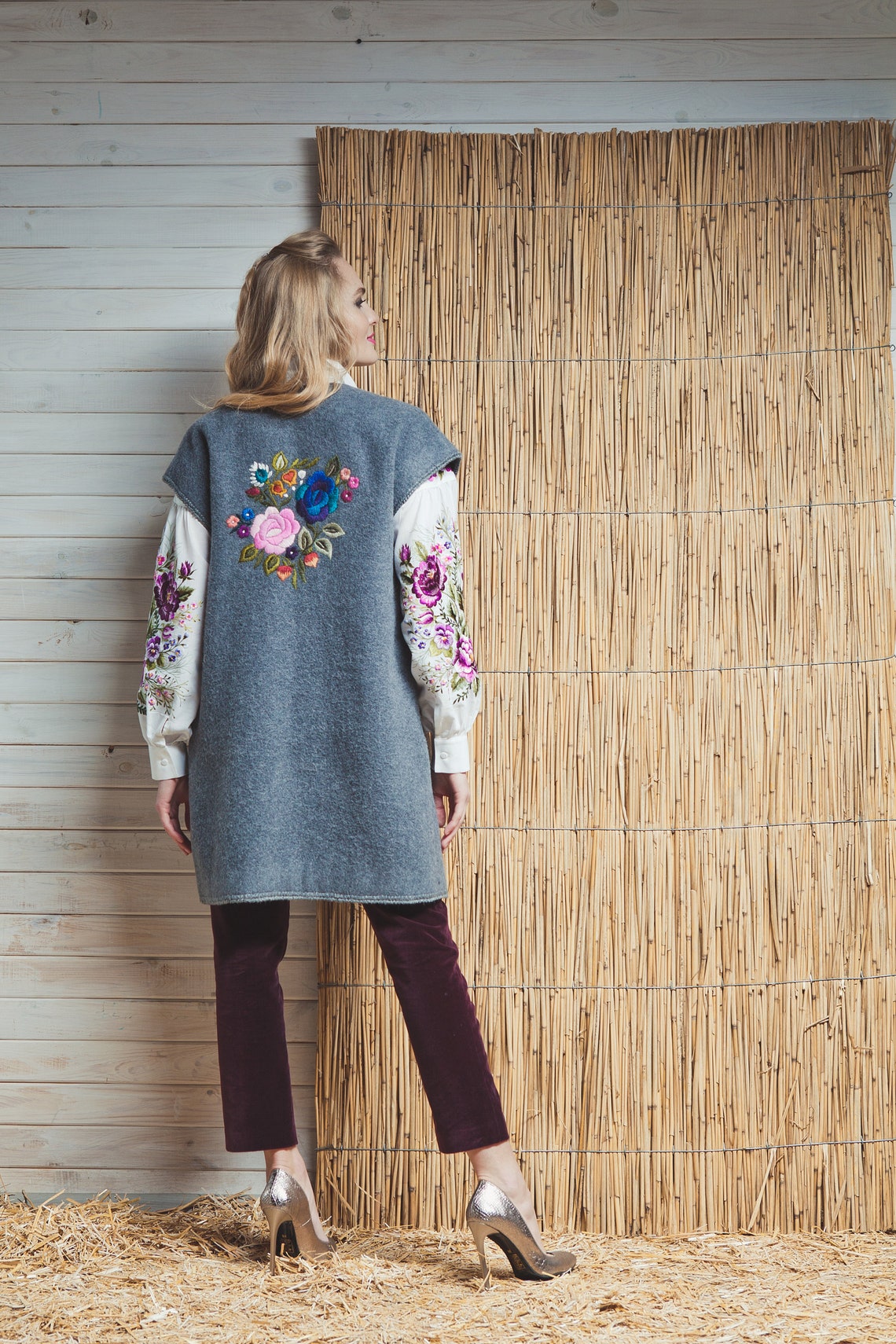 Embroidered Vest Embroidered Waistcoat Gray Vest Wool Vest | Etsy